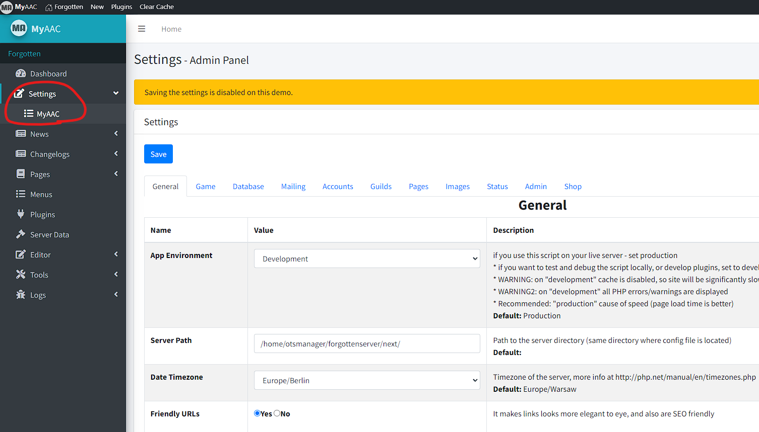 Demo online again – MyAAC